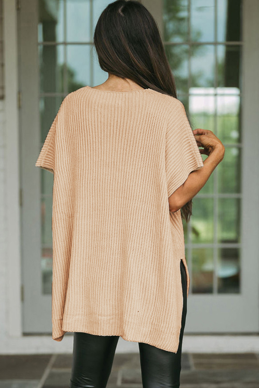 $ 6.4 - Wholesale Apricot Short Sleeve Side Slit Oversized Sweater
