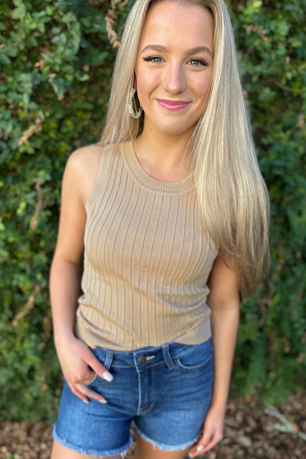 $ 3.78 - Wholesale Apricot Ribbed Knit Crew Neck Tank Top