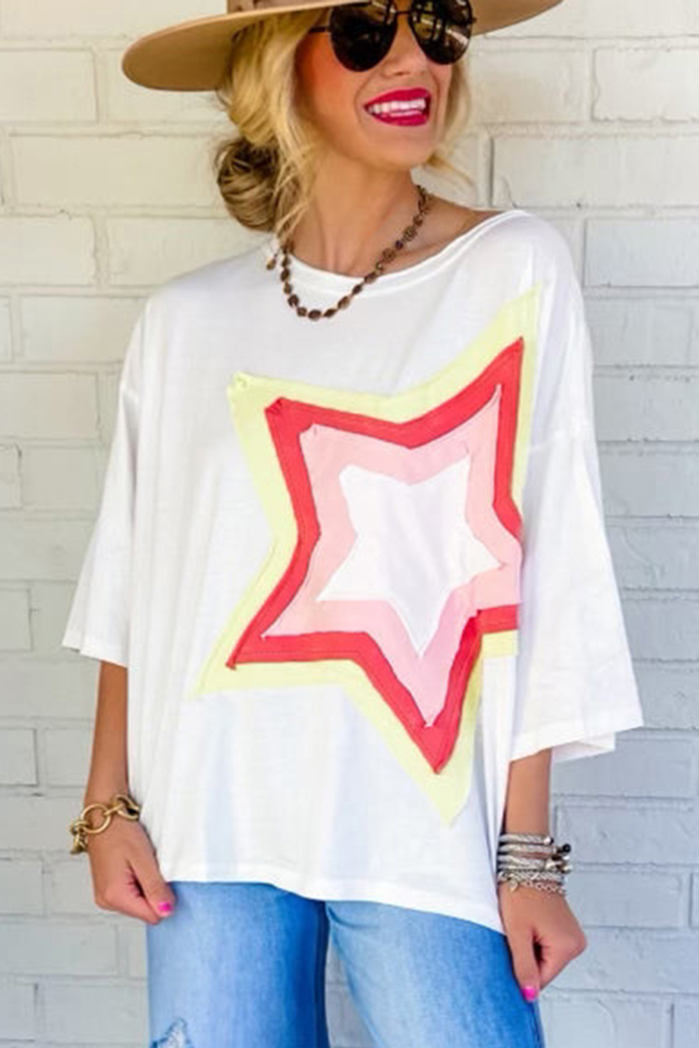 $ 7.72 - Wholesale White Colorblock Star Patched Half Sleeve Oversized Tee