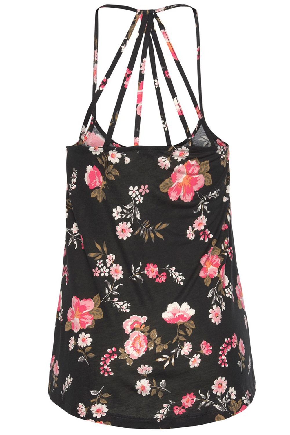 $ 3.4 - Wholesale Black Floral Spaghetti Straps Strappy Back Tank Top