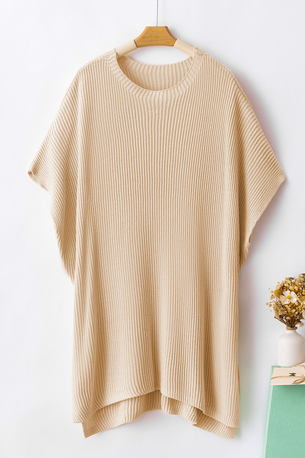 $ 6.4 - Wholesale Apricot Short Sleeve Side Slit Oversized Sweater