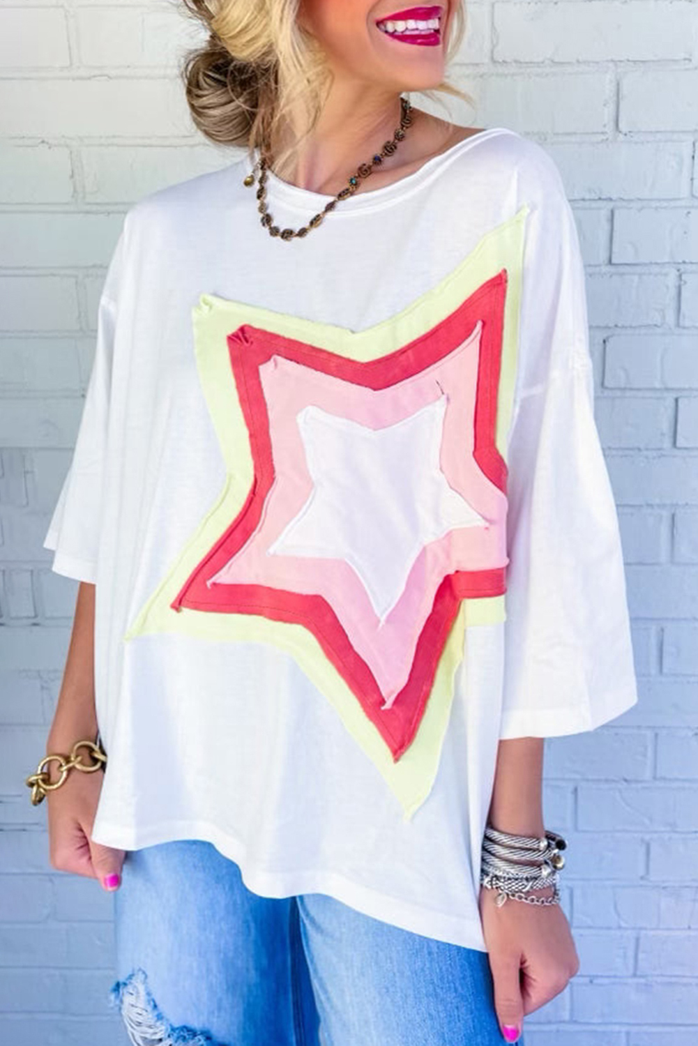 $ 7.72 - Wholesale White Colorblock Star Patched Half Sleeve Oversized Tee
