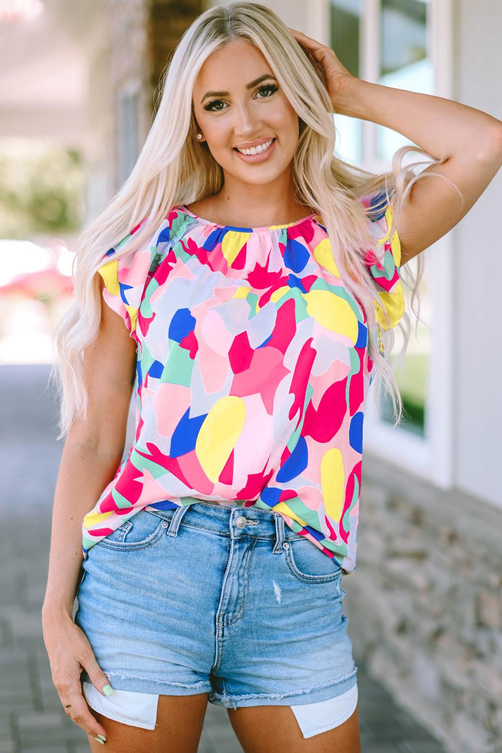 $ 4.13 - Wholesale Multicolor Abstract Pattern Ruffle Short Sleeves Blouse
