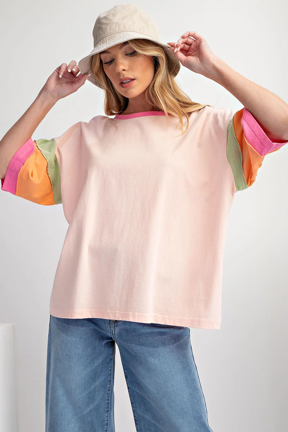 $ 5.55 - Wholesale Pink Color Block Stitching Sleeve Round Neck ...