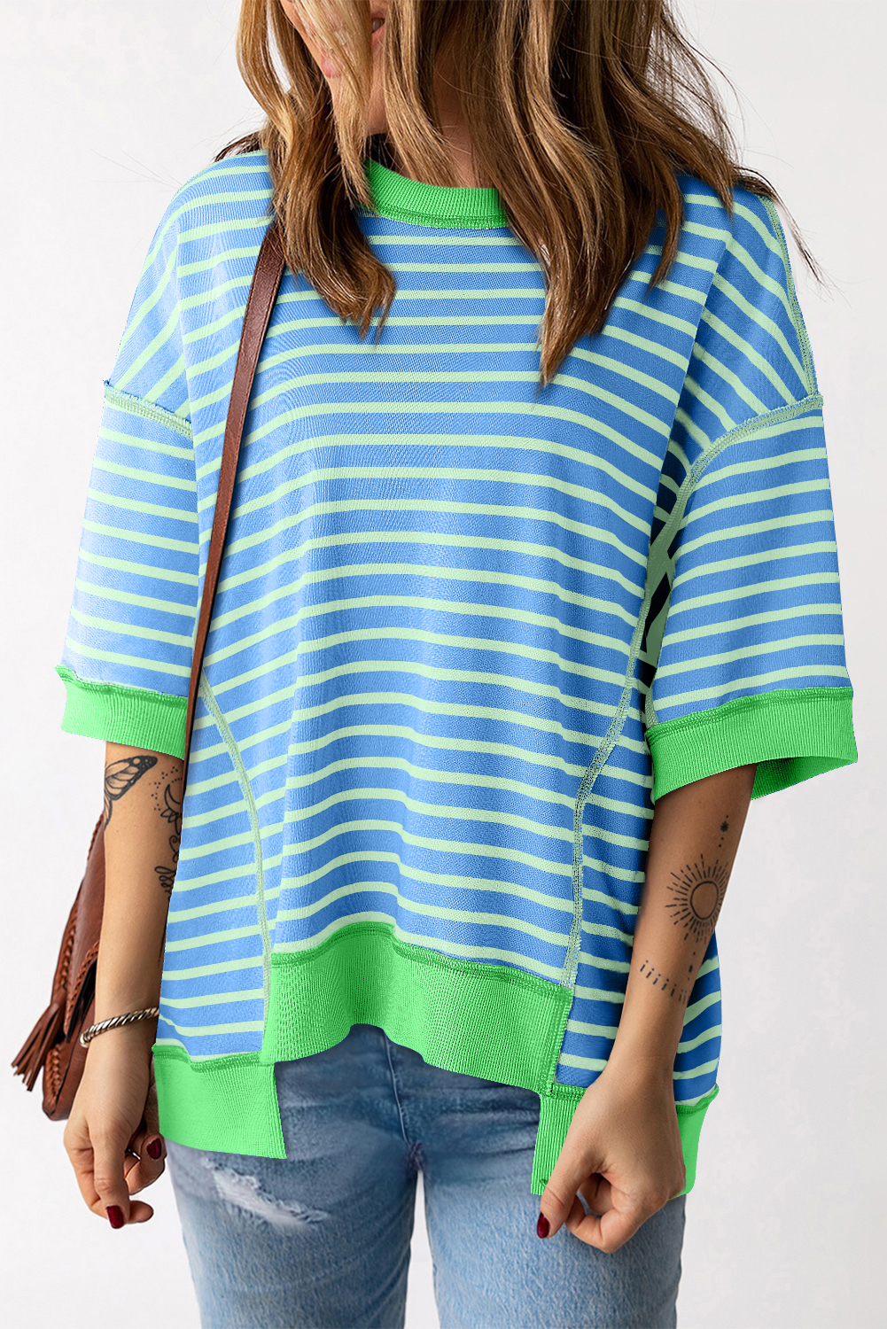 $ 8.9 - Wholesale Sky Blue Stripe Oversized Contrast Trim Exposed Seam ...