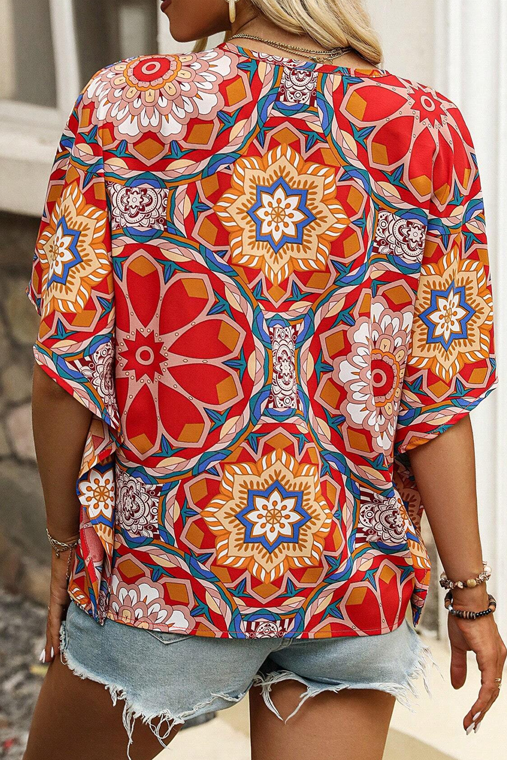 $ 4.53 - Wholesale Red Floral Print Batwing Sleeve V Neck Blouse