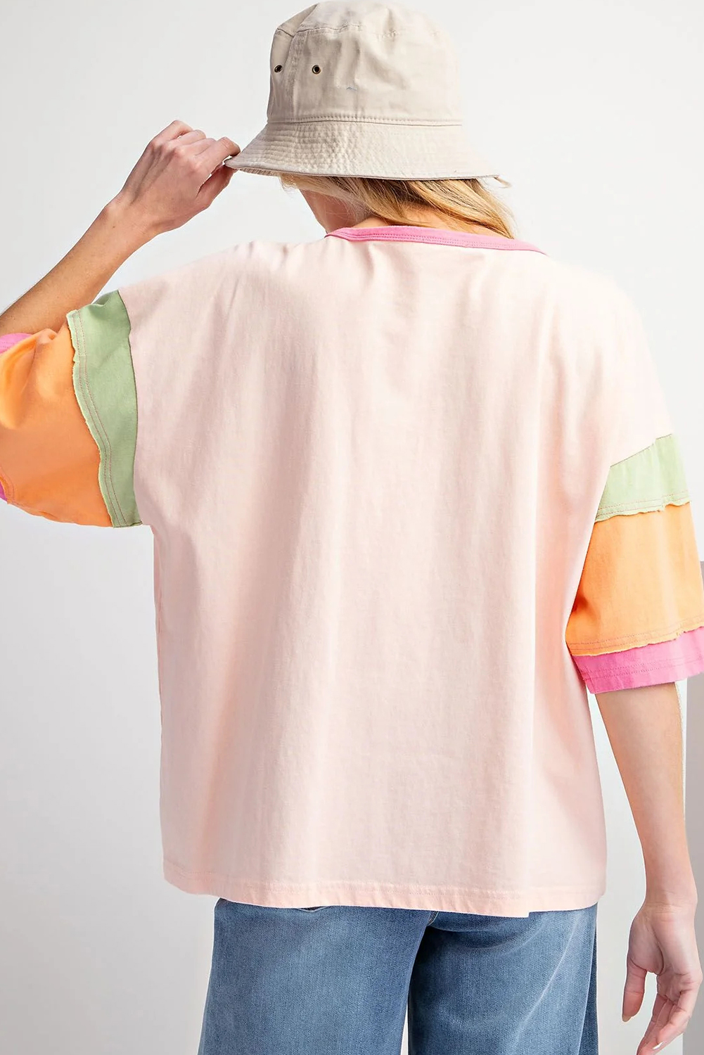 $ 5.55 - Wholesale Pink Color Block Stitching Sleeve Round Neck ...