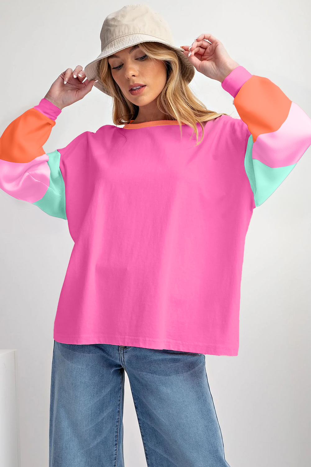 $ 6.35 - Wholesale Rose Red Colorblock Patchwork Long Sleeve Loose Top