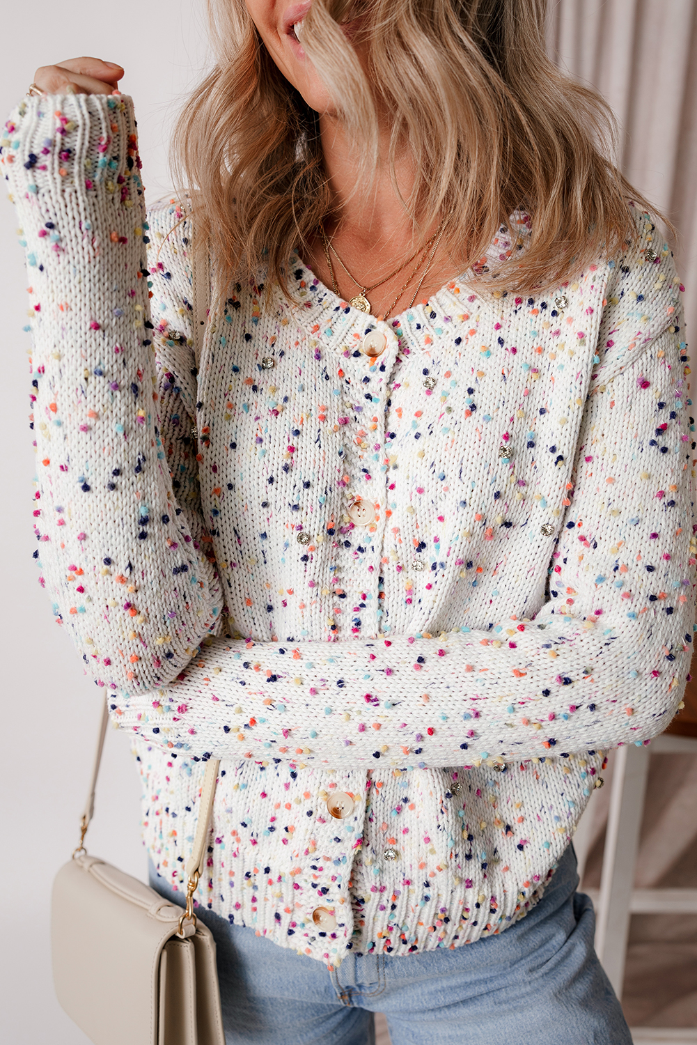 $ 12.75 - Wholesale White Rhinestone Decor Multicolor Confetti Sweater ...