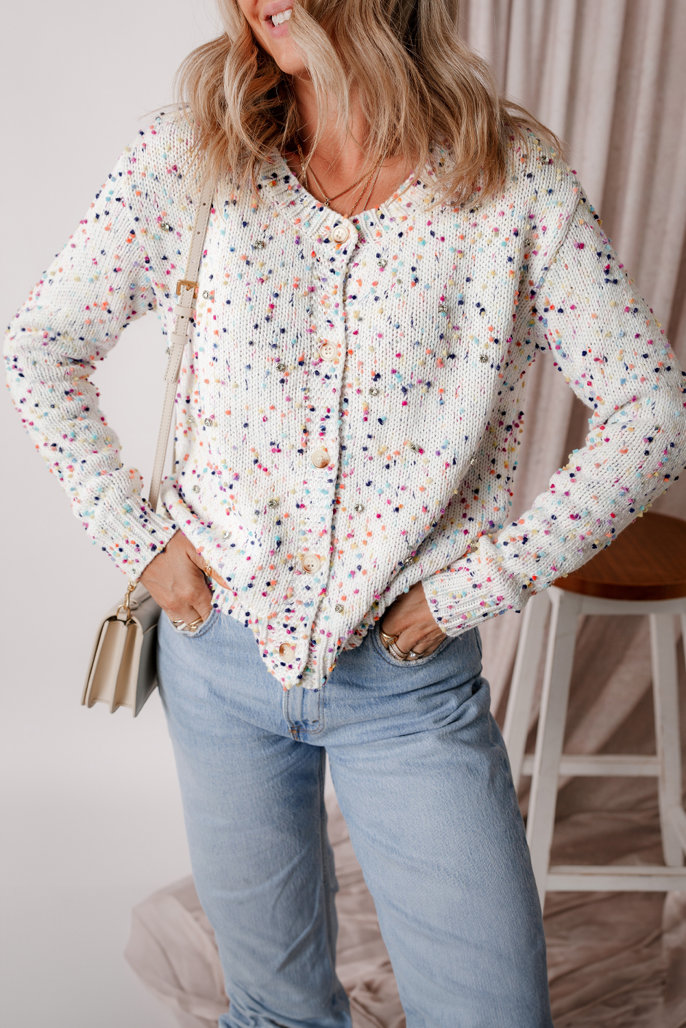 $ 12.75 - Wholesale White Rhinestone Decor Multicolor Confetti Sweater ...