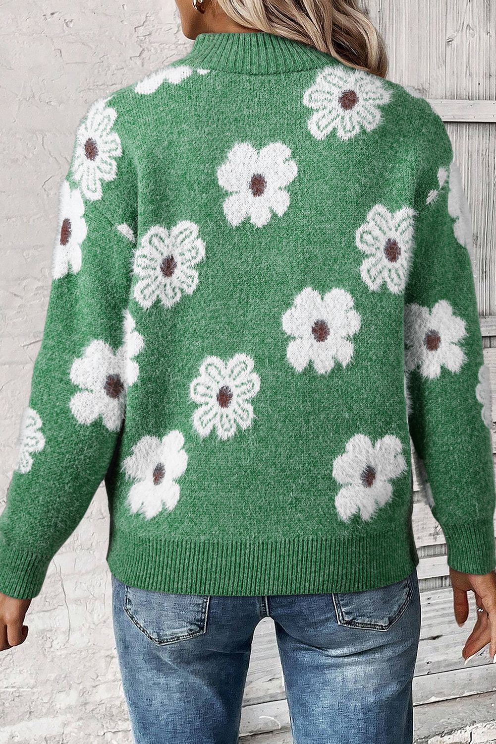 $ 11.55 - Wholesale Green Floral Pattern Half Zip Drop Shoulder Sweater