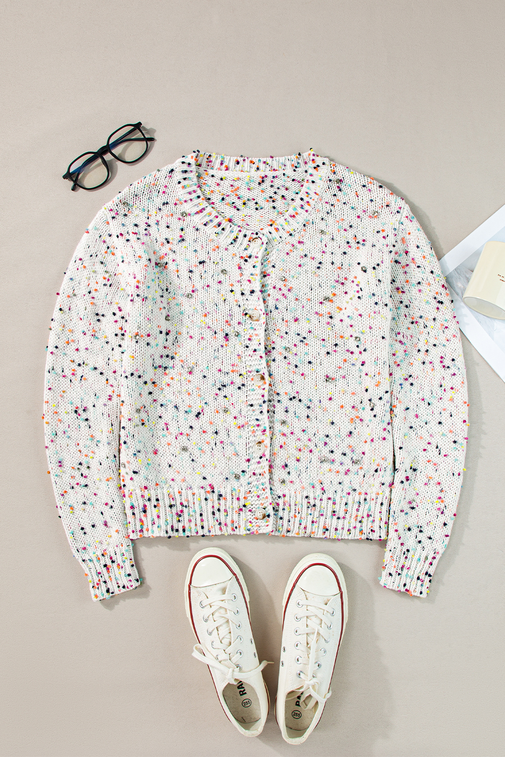$ 12.75 - Wholesale White Rhinestone Decor Multicolor Confetti Sweater ...