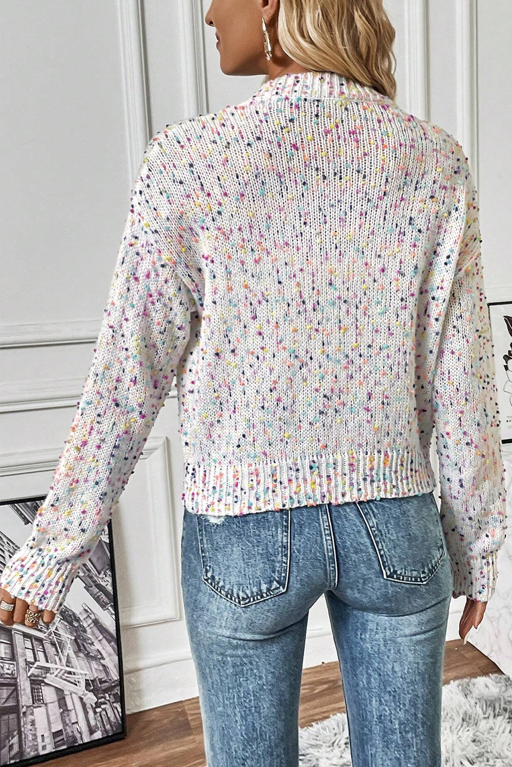 $ 12.75 - Wholesale White Rhinestone Decor Multicolor Confetti Sweater ...