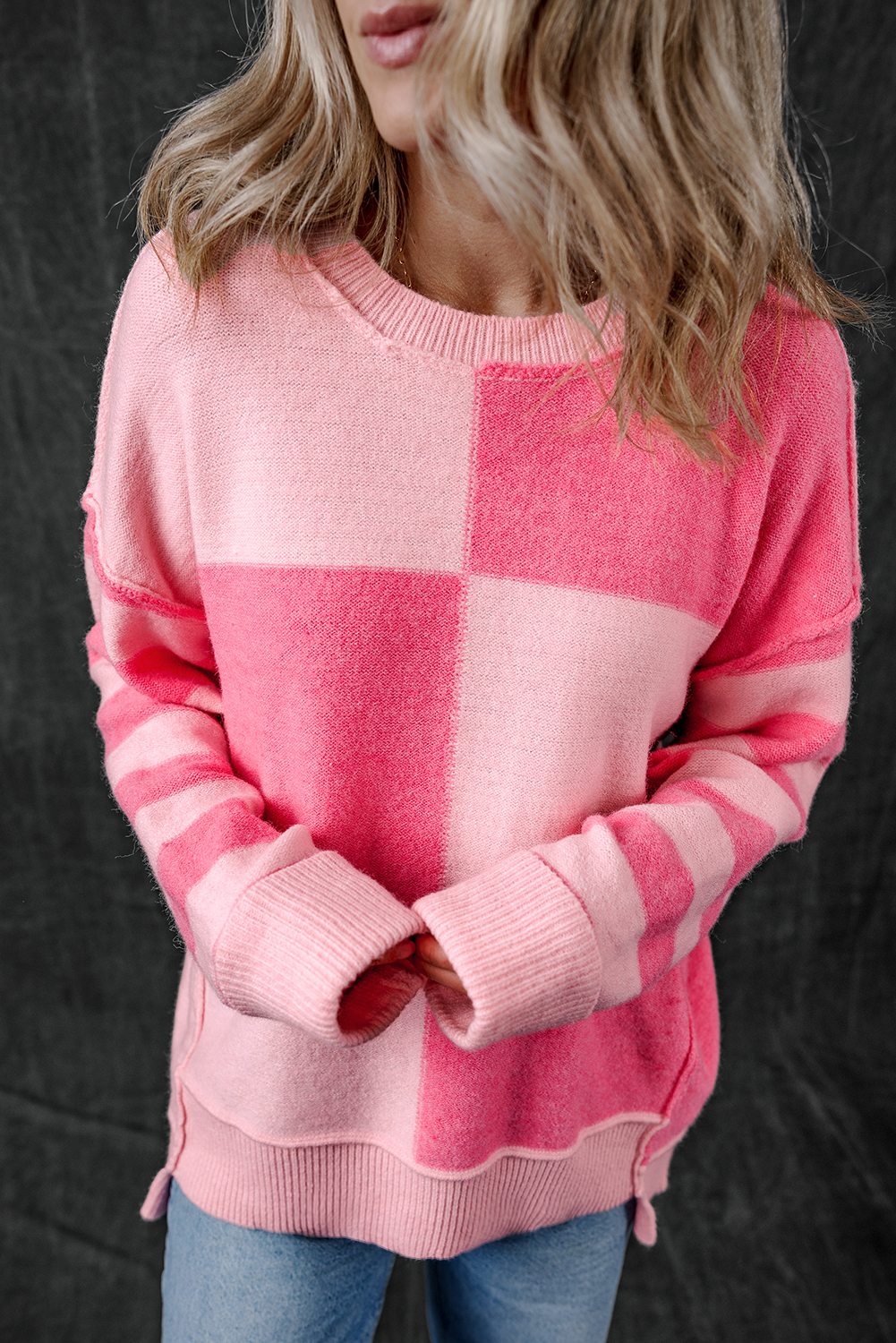 $ 9.51 - Wholesale Pink Checkered Colorblock Striped High Low Loose Sweater