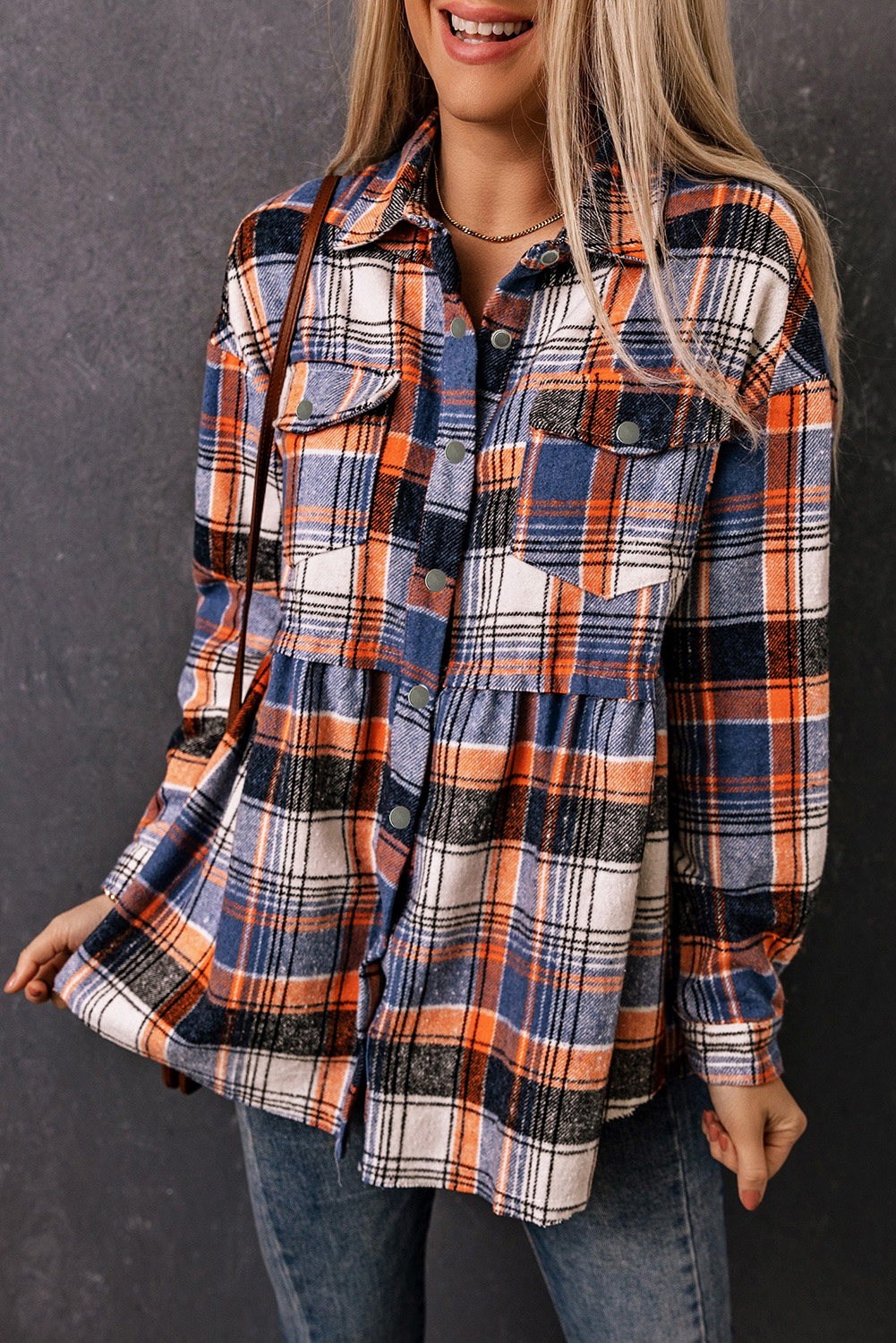 $ 5.25 - Wholesale Multicolor Plaid Button Down Ruffled Shirt Jacket