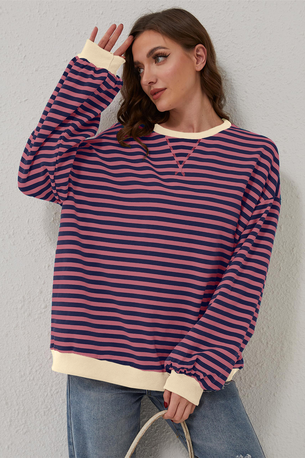 $ 6.9 - Wholesale Red Stripe Oversized Contrast Trim Pullover Sweatshirt