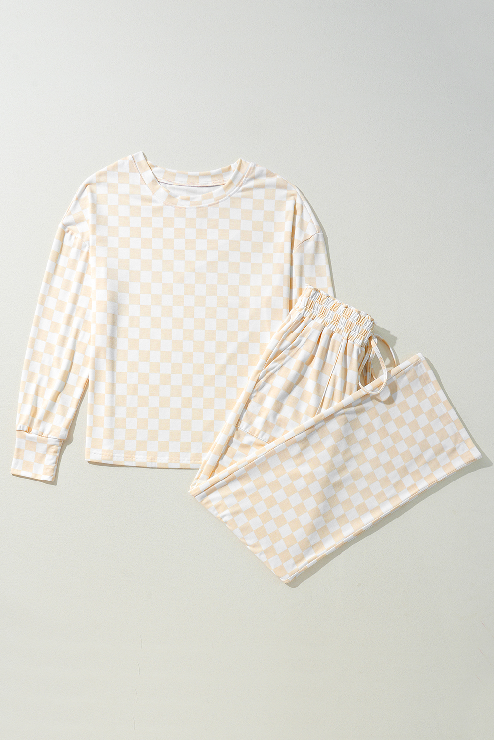 $ 9.65 - Wholesale Beige Checkered Print Long Sleeve Top and Pants ...