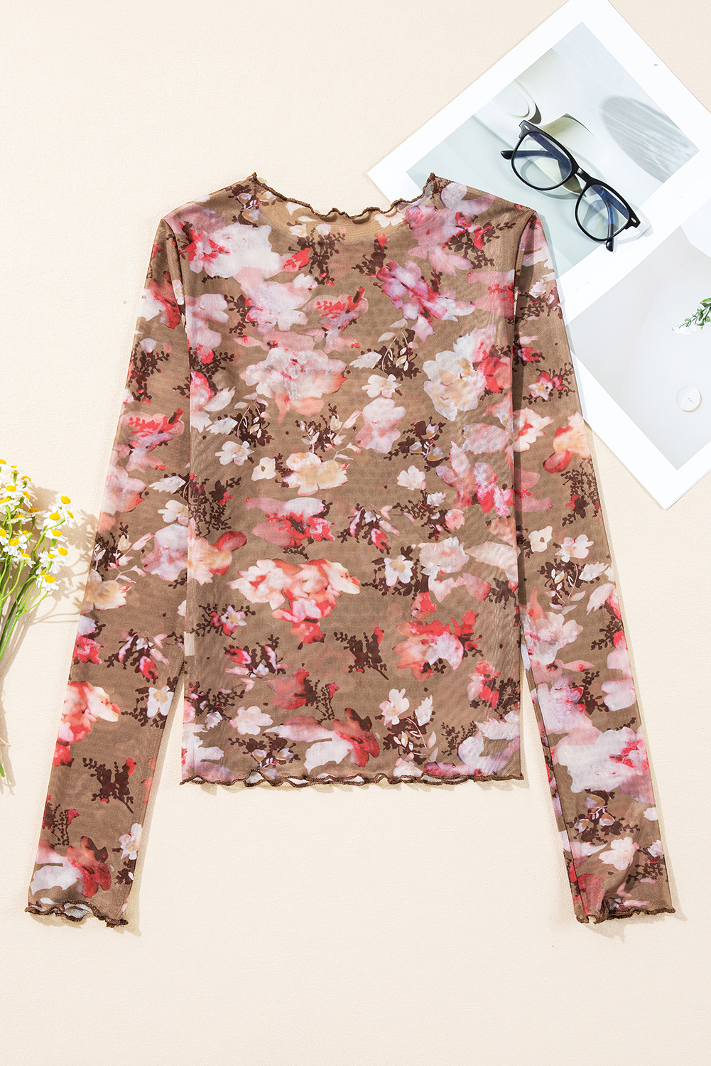 $ 2.85 - Wholesale Red Floral Print Sheer Mesh Long Sleeve Top