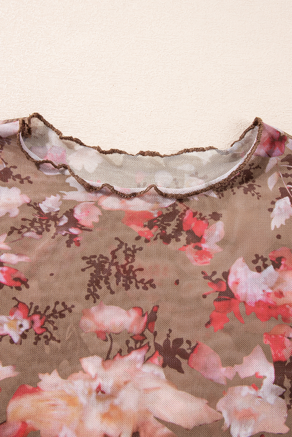 $ 2.85 - Wholesale Red Floral Print Sheer Mesh Long Sleeve Top