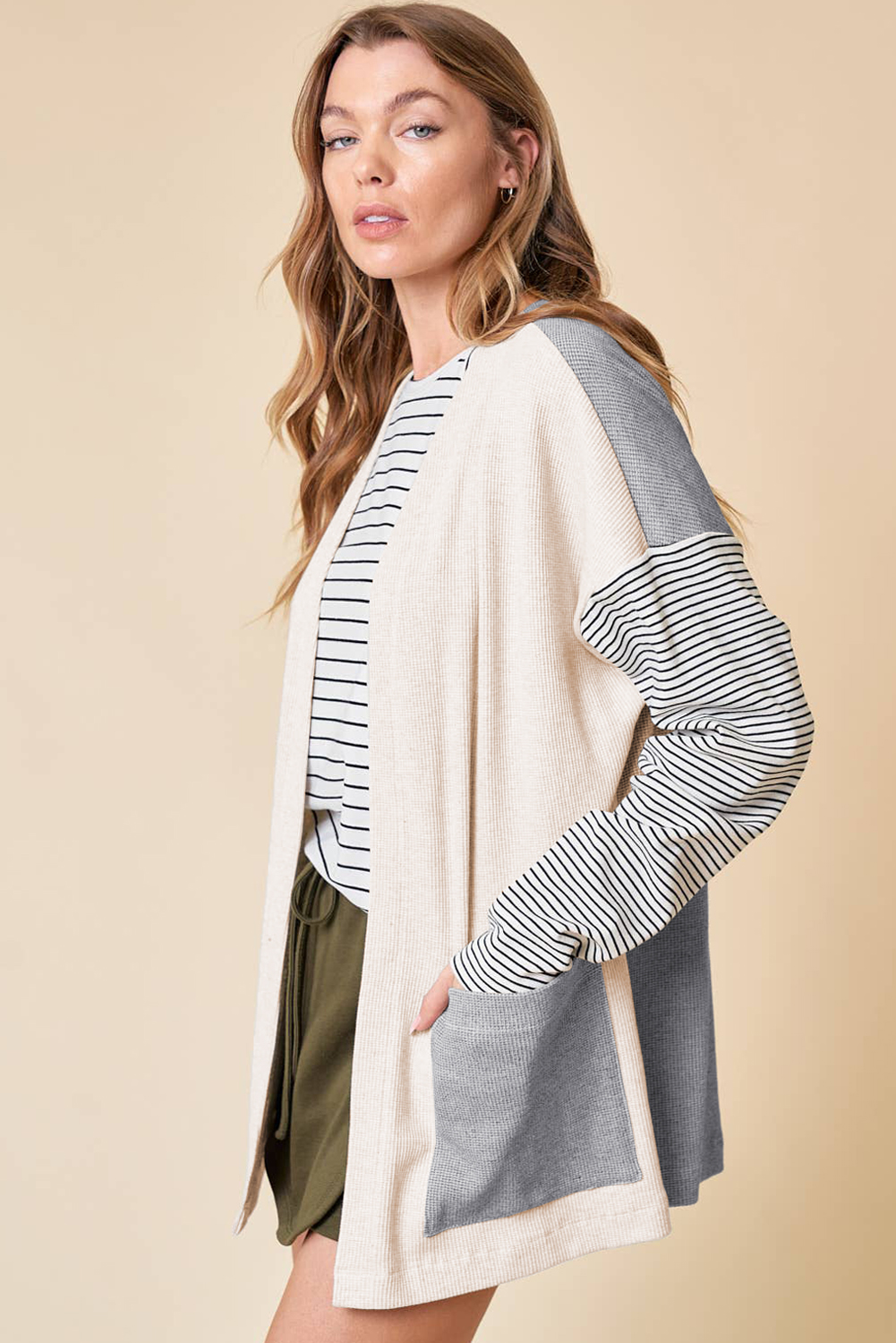 $ 6.6 - Wholesale Black Stripe Colorblock Patchwork Open Front Cardigan ...