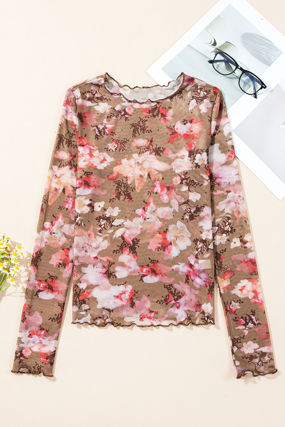 $ 2.85 - Wholesale Red Floral Print Sheer Mesh Long Sleeve Top