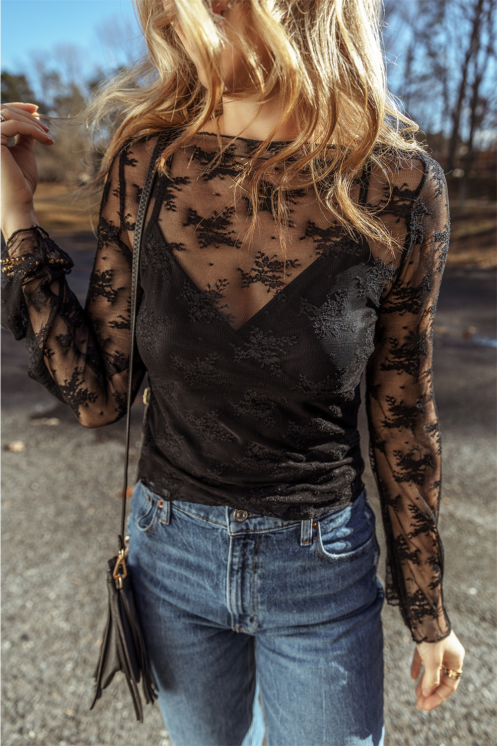 $ 5.25 - Wholesale Black Lace Mesh Crochet Splicing Slim Fit Long ...