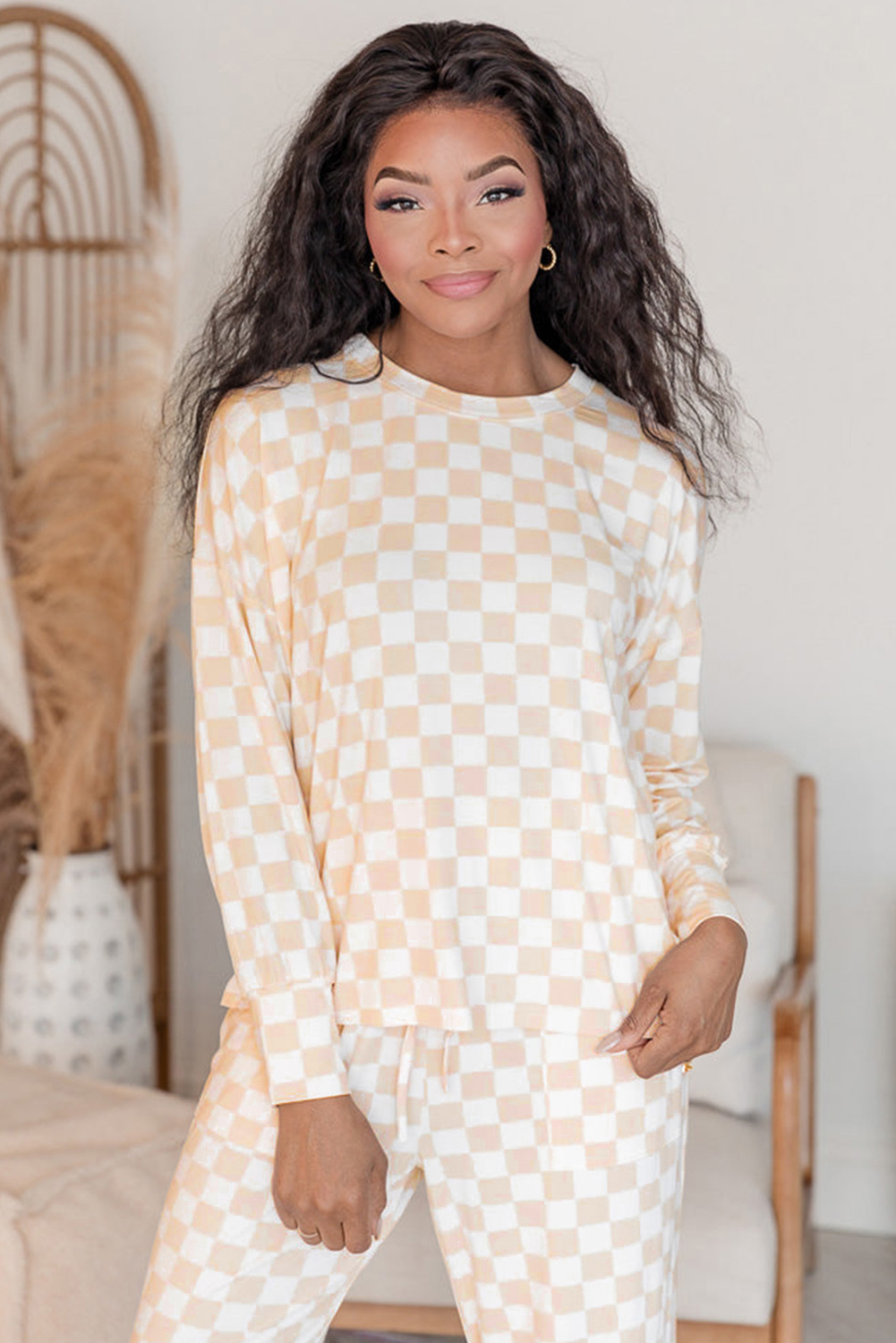 $ 9.65 - Wholesale Beige Checkered Print Long Sleeve Top and Pants ...