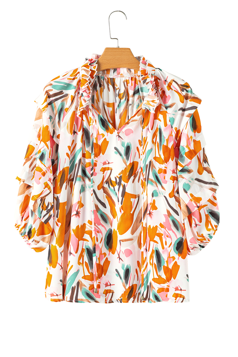 $ 8.7 - Wholesale Yellow Abstract Print Drawstring Frilled V Neck 3/4 ...