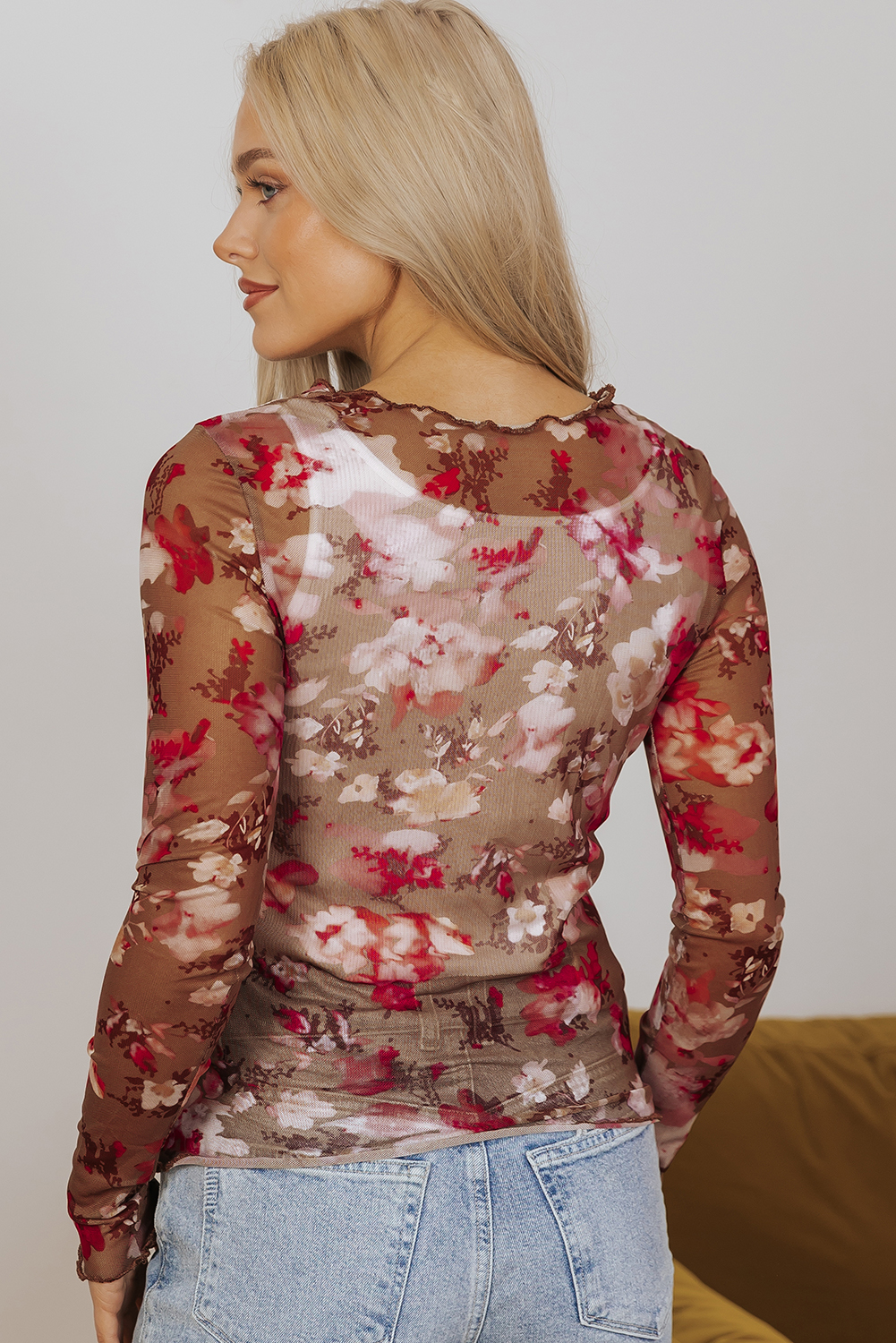 $ 2.85 - Wholesale Red Floral Print Sheer Mesh Long Sleeve Top