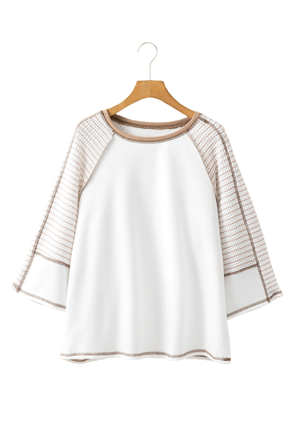 $ 5.4 - Wholesale White Striped Bracelet Sleeve Raglan Patchwork Top