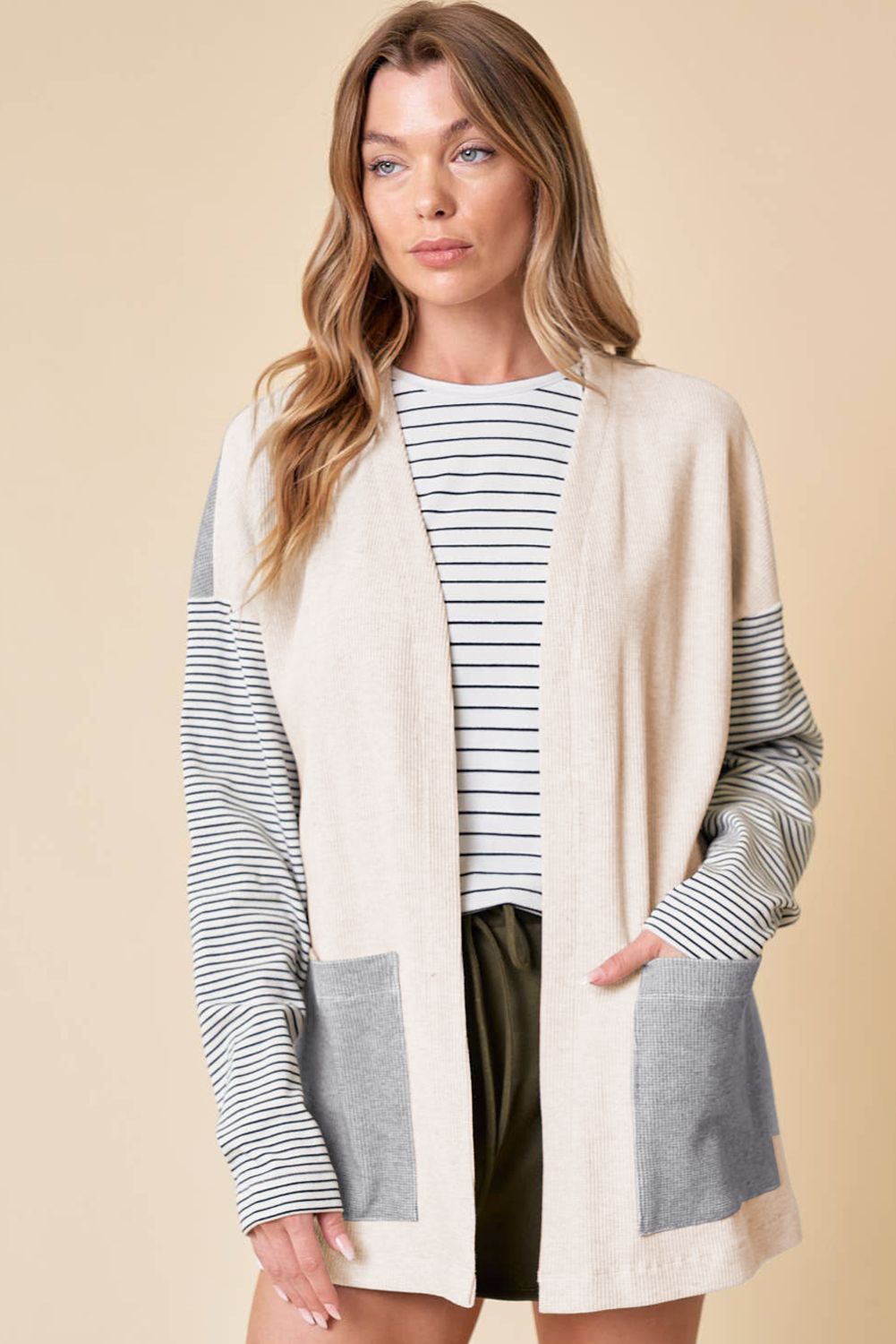 $ 6.6 - Wholesale Black Stripe Colorblock Patchwork Open Front Cardigan ...