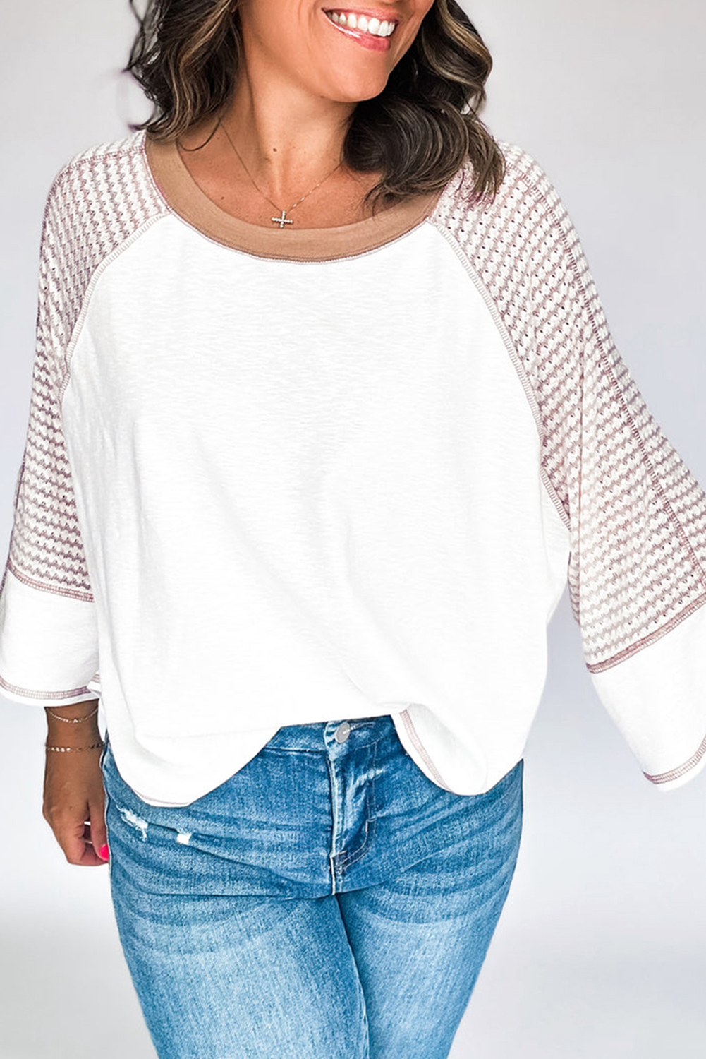 $ 5.4 - Wholesale White Striped Bracelet Sleeve Raglan Patchwork Top