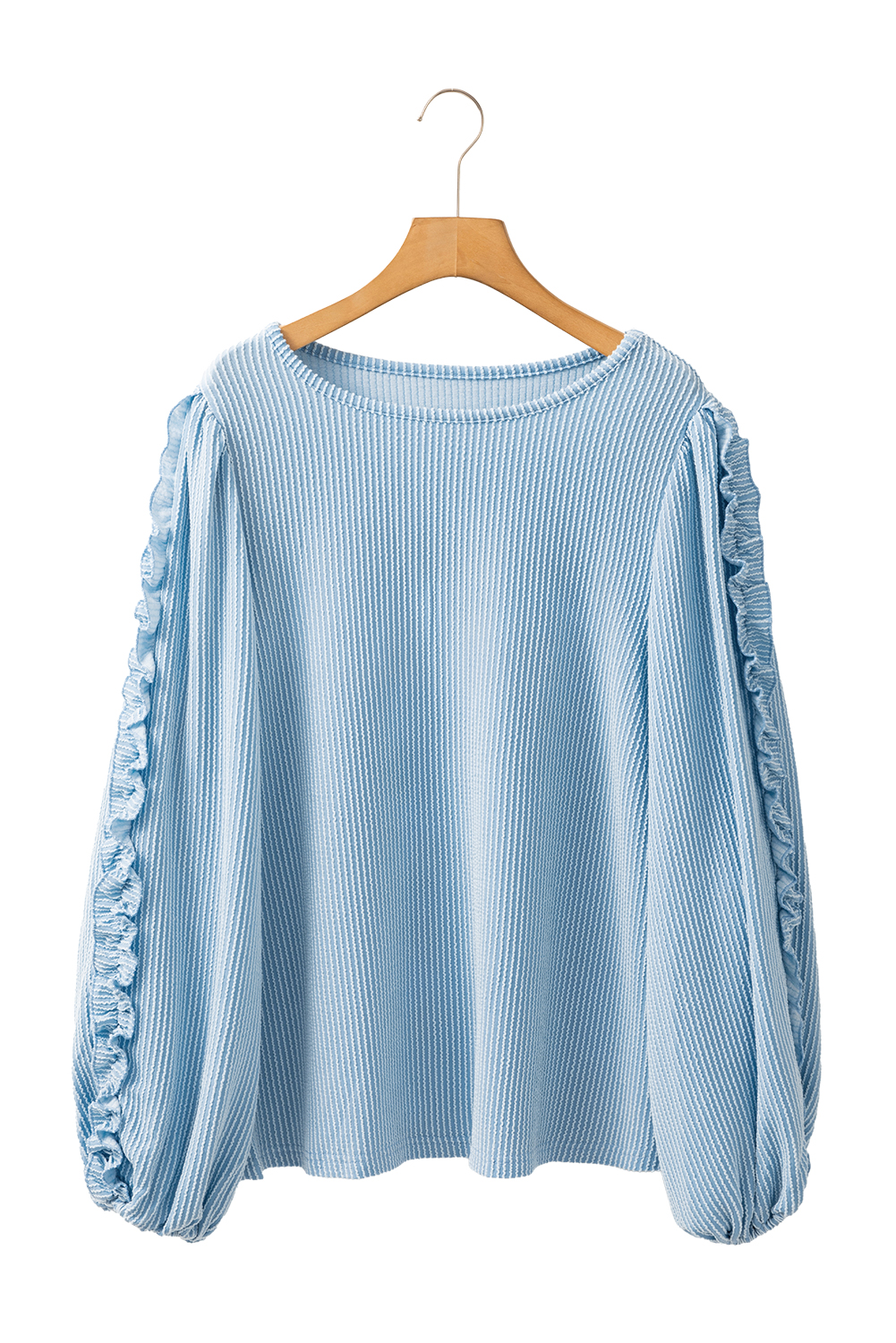 $ 9.4 - Wholesale Mist Blue Corded Frilly Puff Sleeve Round Neck Blouse