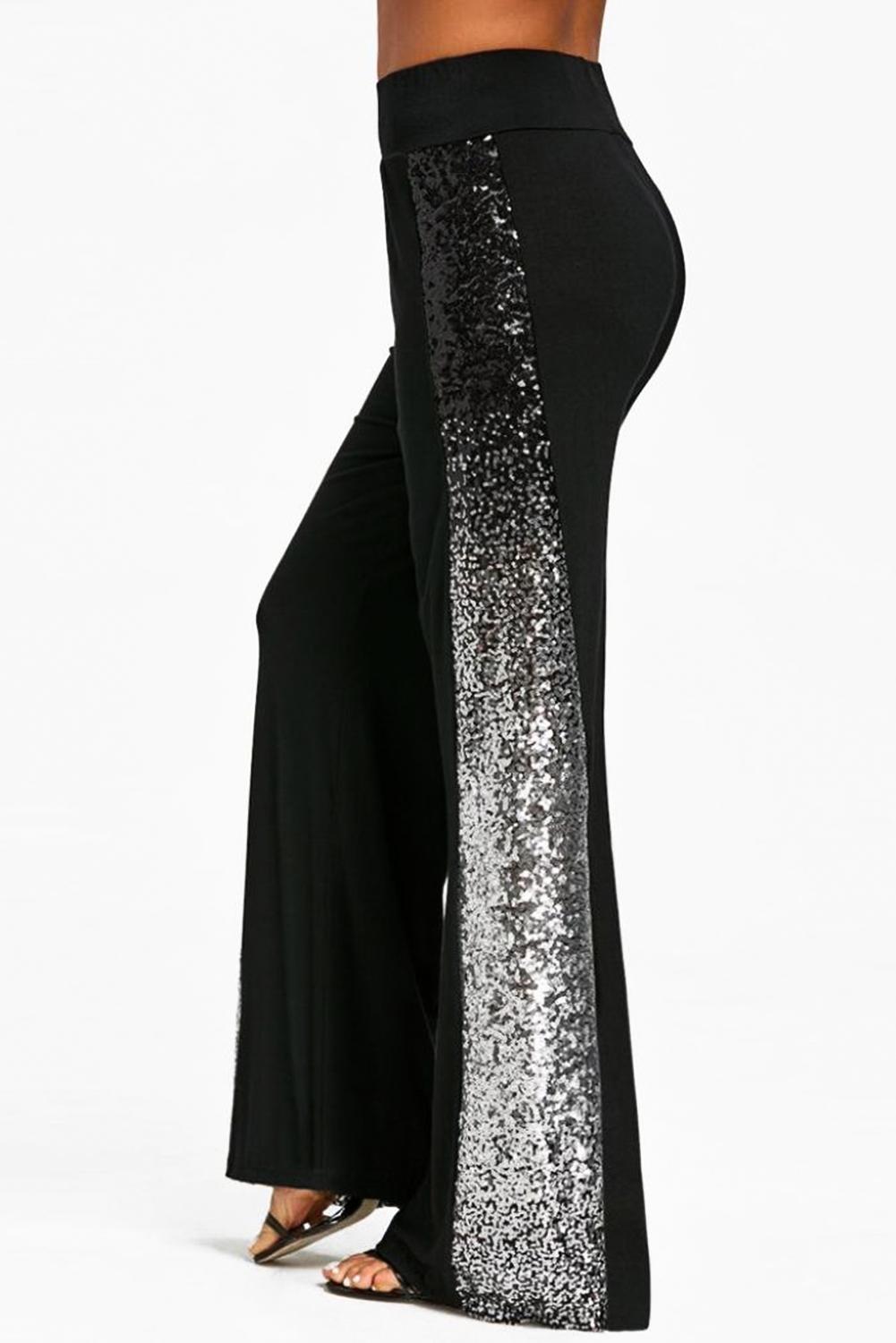 $8.98 Side Shiny Sequins Splicing Flared Wide Leg Pants Wholesale