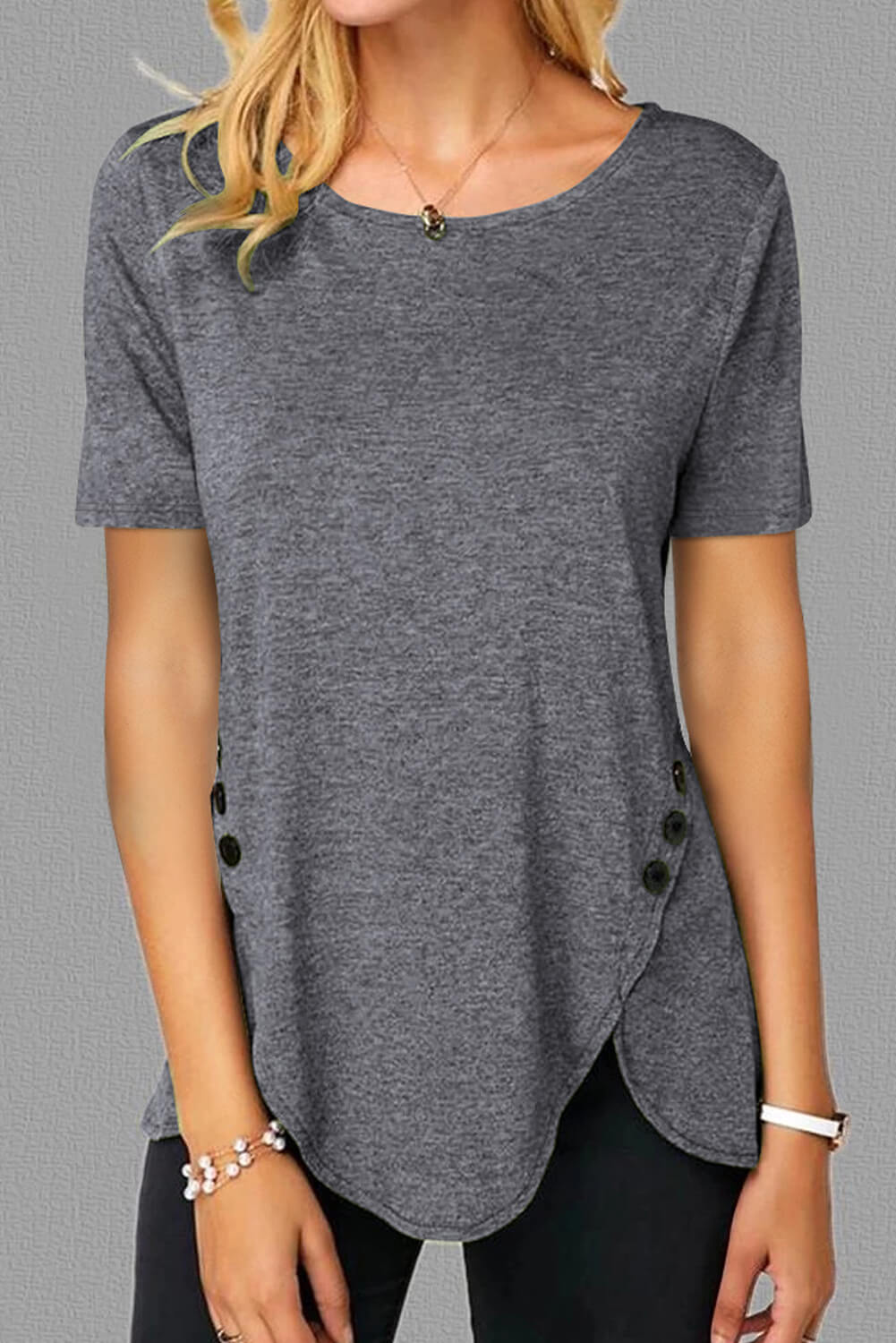 $5.2 Gray Button Detail Slits Short Sleeves T-shirt Wholesale