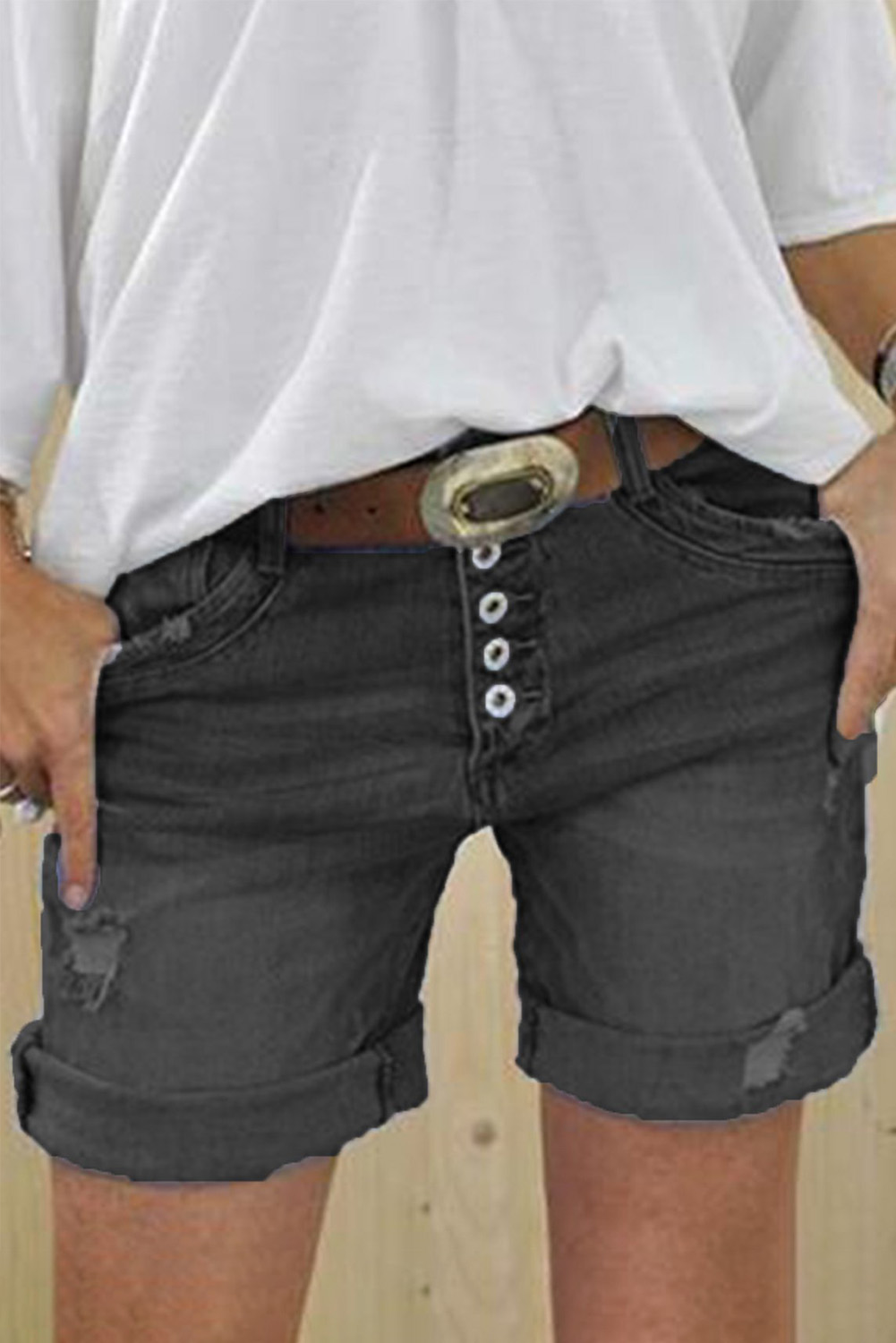 $7.98 Black Casual Denim Buttoned Shorts Wholesale