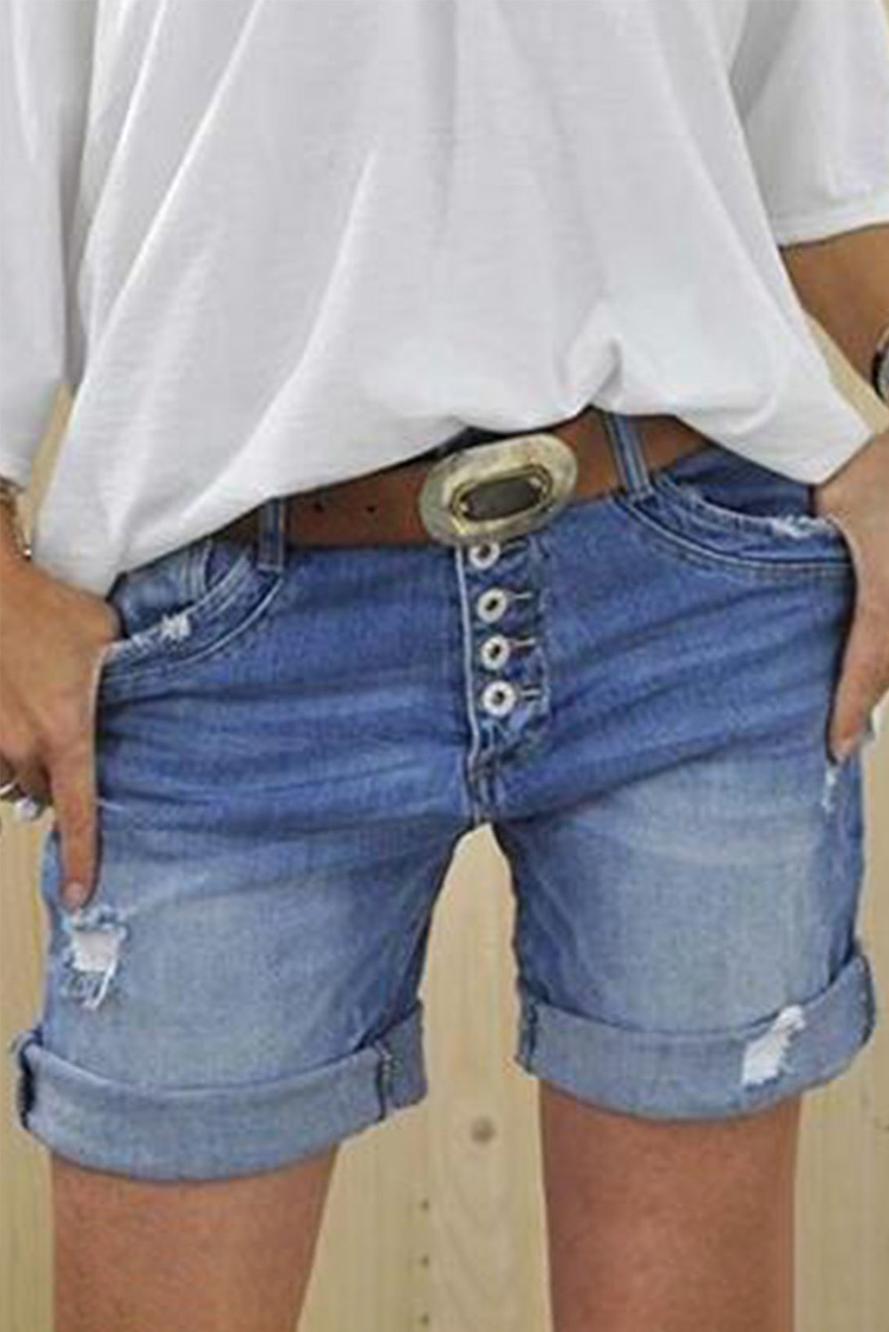 $7.98 Blue Casual Denim Buttoned Shorts Wholesale