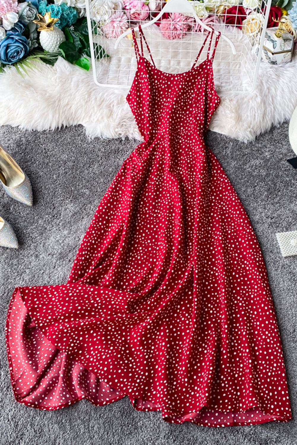 $7.98 Fiery Red Cross Spaghetti Strap Open Back Dot Print Long Dress ...