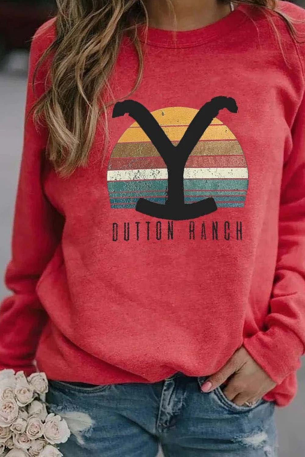 $7.98 Fiery Red Dutton Ranch Rainbow Print Sweatshirt Wholesale