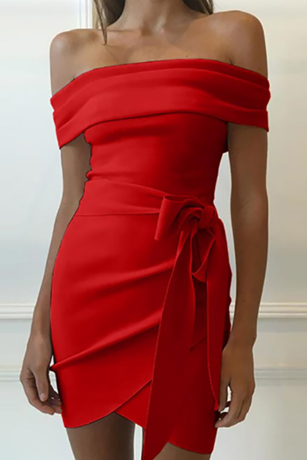 $6.5 Fiery Red Off-Shoulder Belted Mini Dress Wholesale