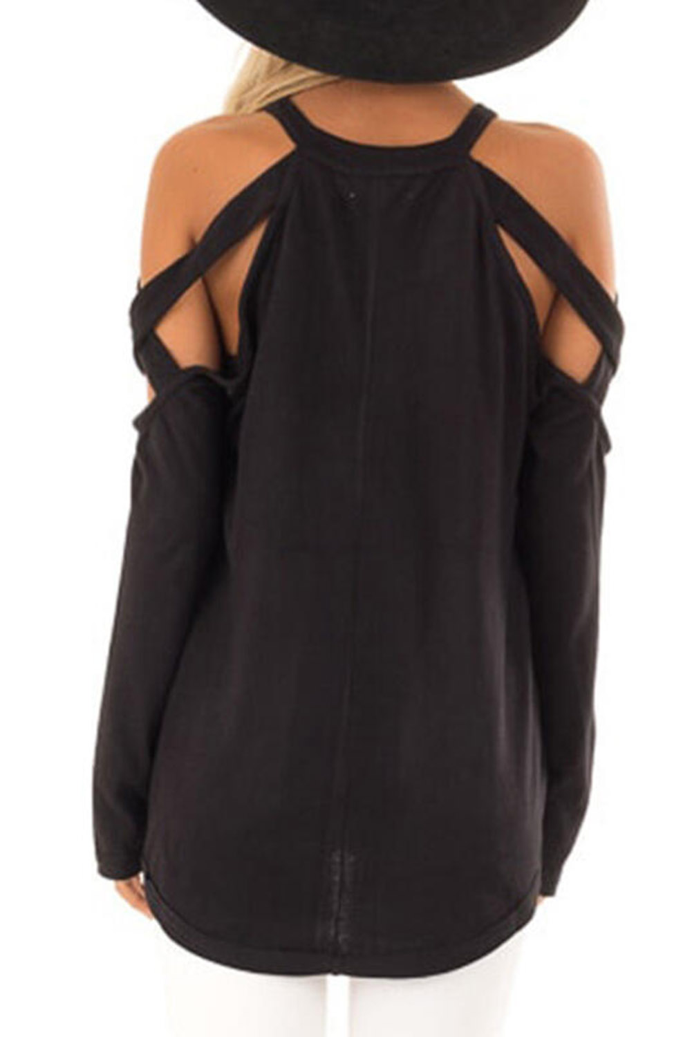 $6.98 Black Cold Shoulder Criss Cross Cut-out Long Sleeve Top Wholesale