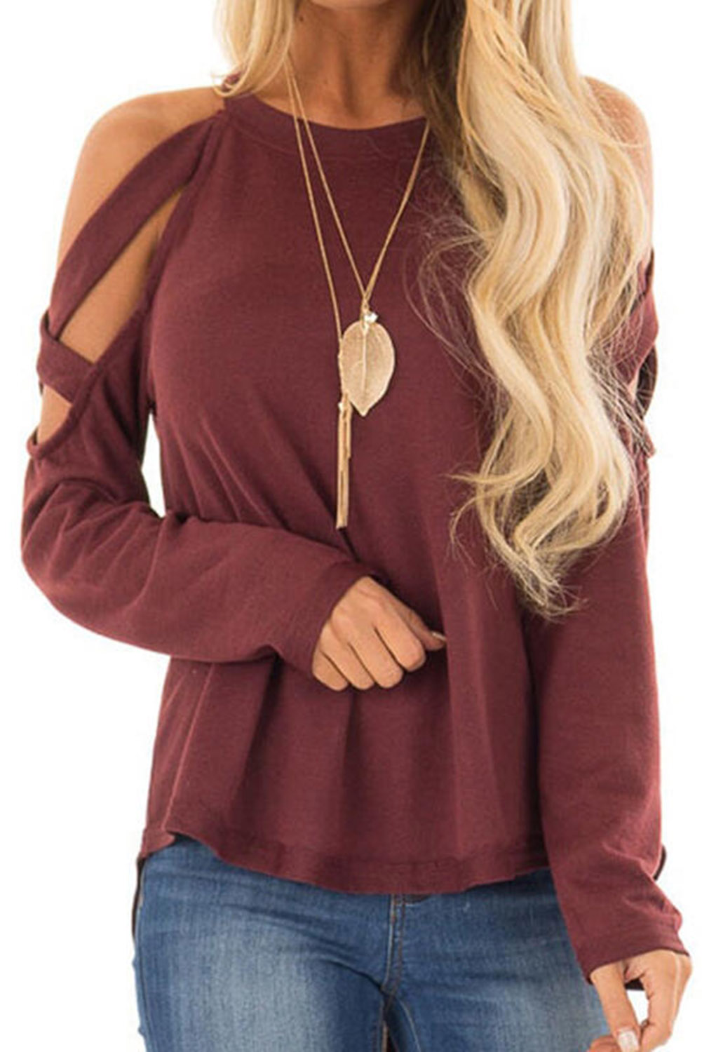 $6.98 Fiery Red Cold Shoulder Criss Cross Cut-out Long Sleeve Top Wholesale