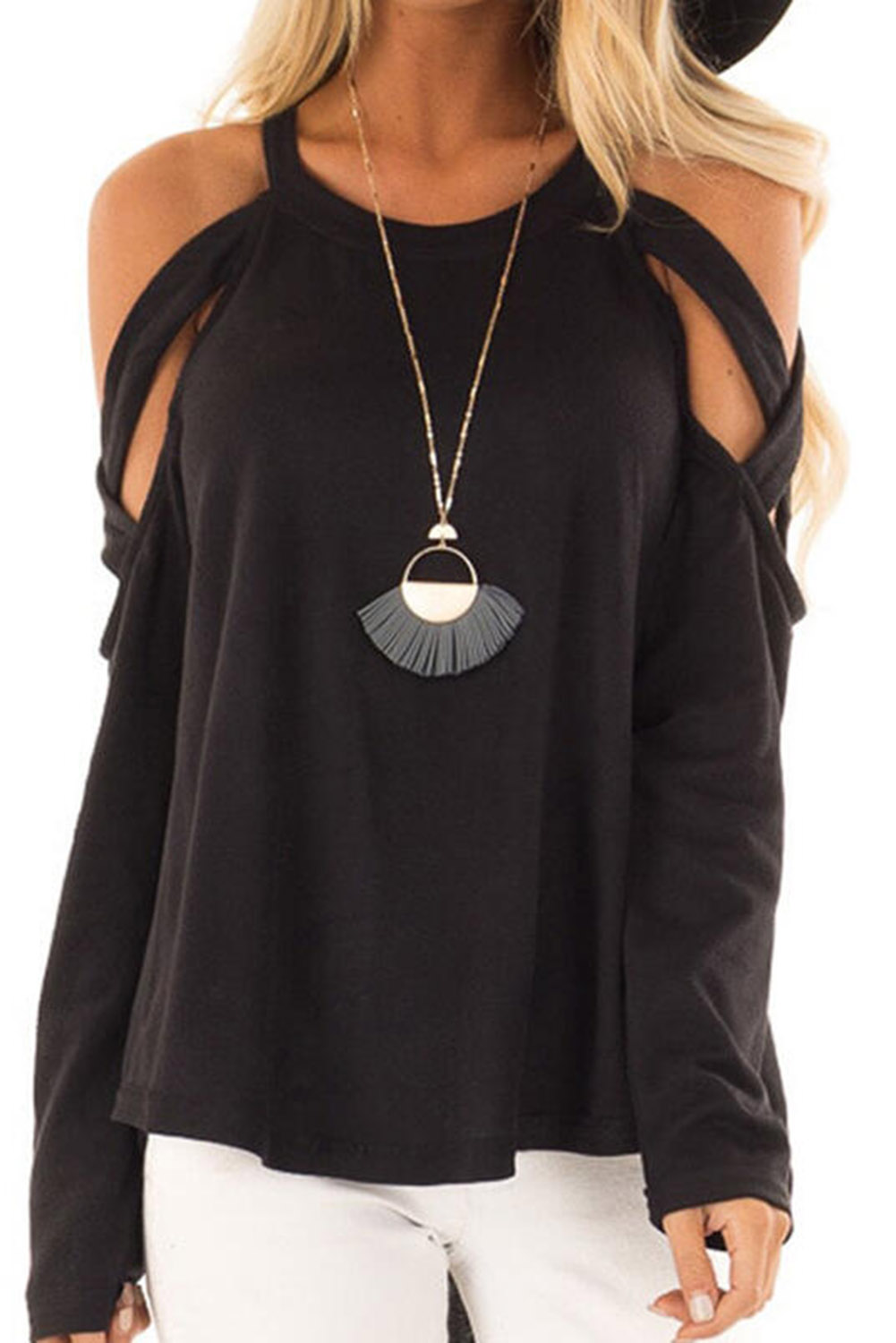 $6.98 Black Cold Shoulder Criss Cross Cut-out Long Sleeve Top Wholesale