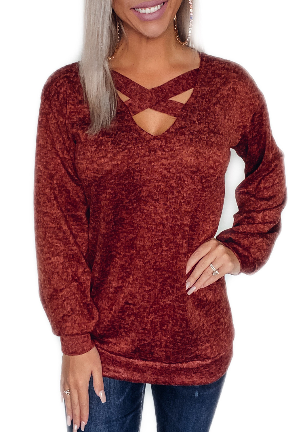 $6.98 Fiery Red Criss Cross Neck Sweatshirt Wholesale