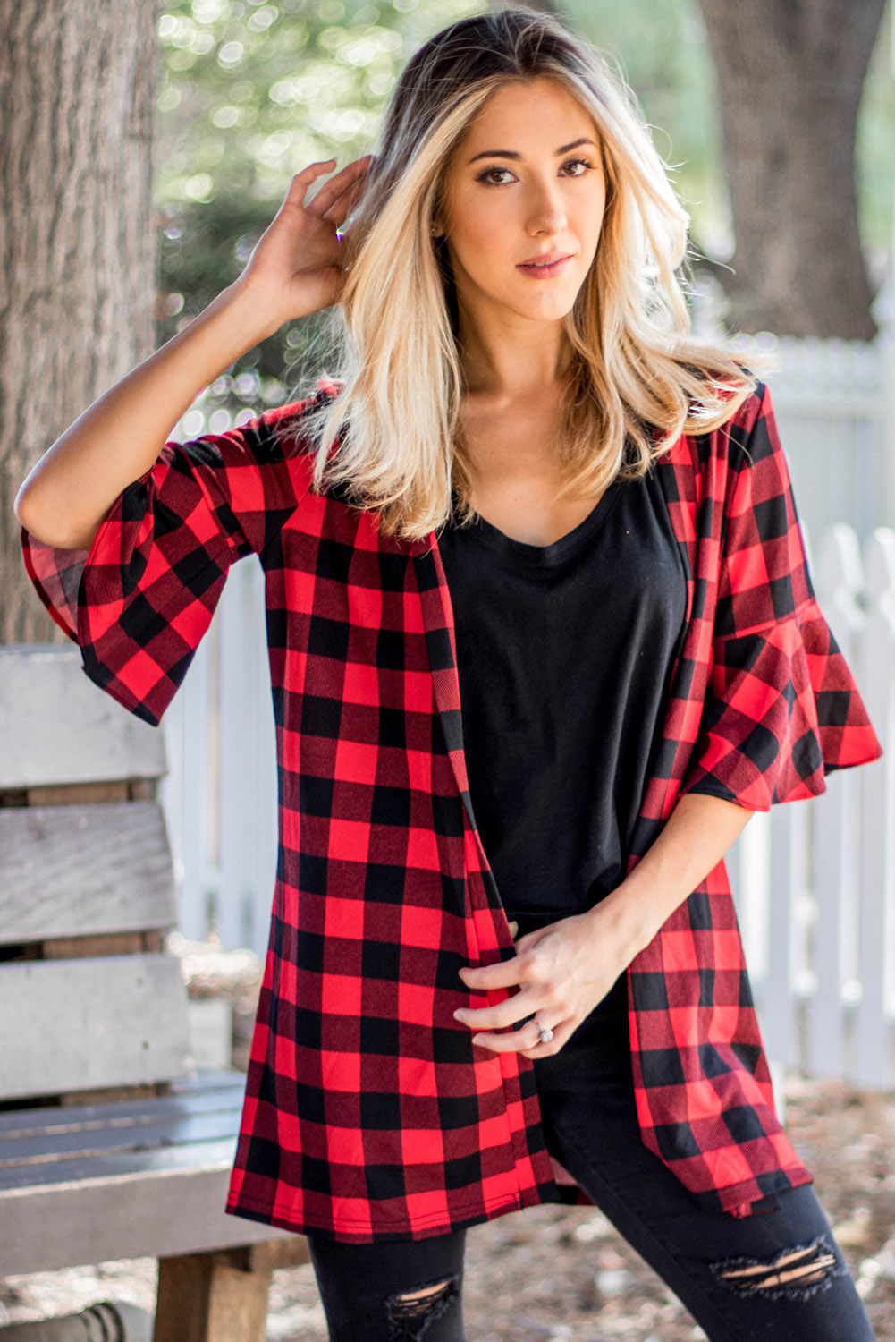 $6.98 Fiery Red Plaid Ruffle Bell Half Sleeve Cardigan Wholesale