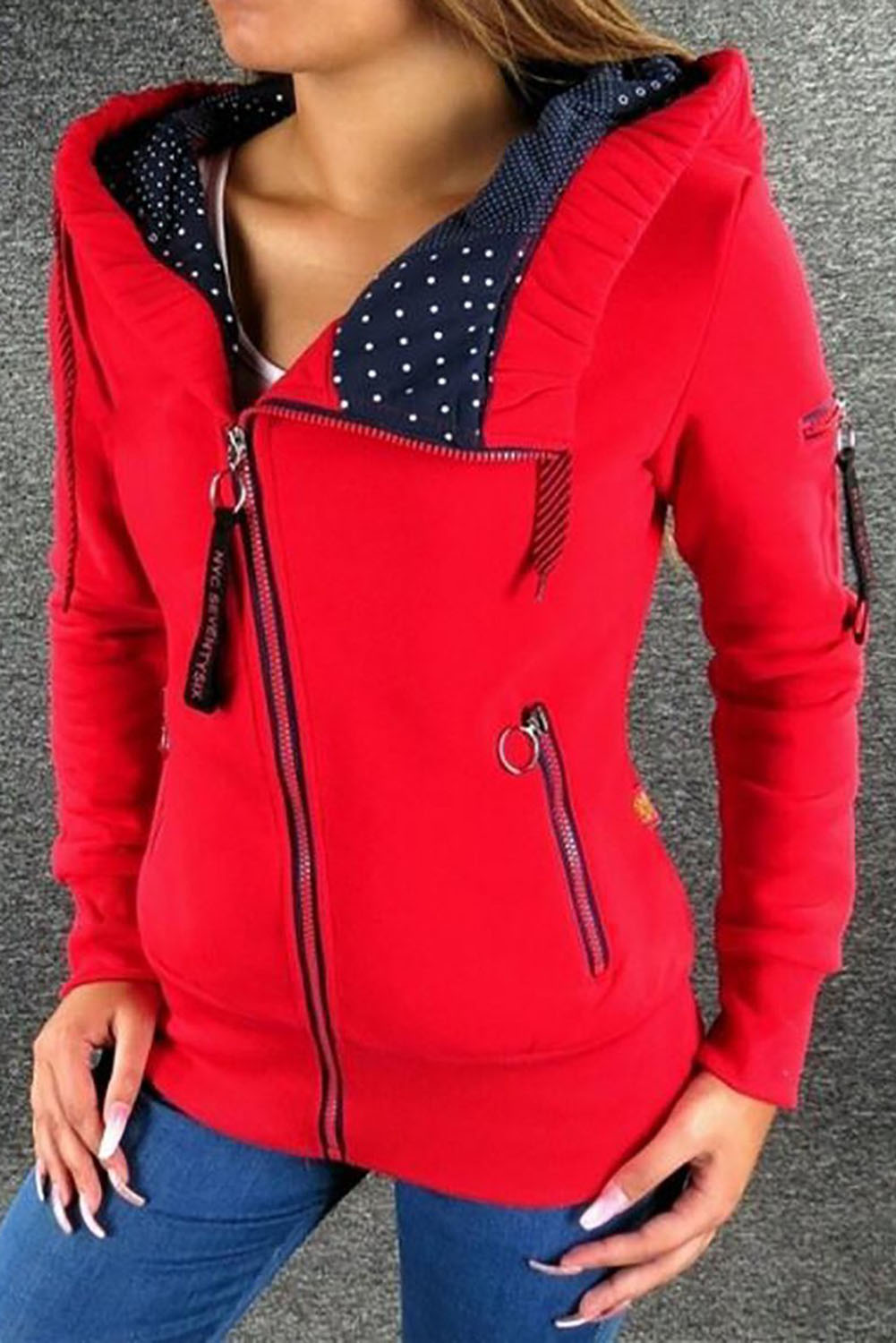 $11.98 Fiery Red Accent Zipper Color Block Polka Dot Print Cotton ...