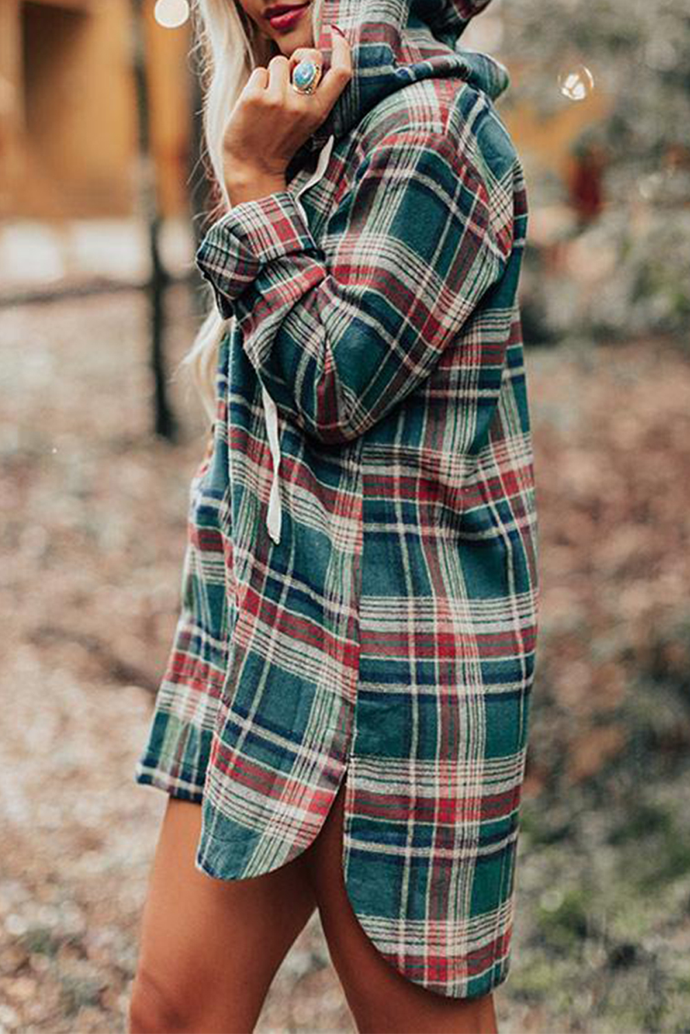 $8.98 Green Plaid Button Hooded Flannel Mini Dress Wholesale