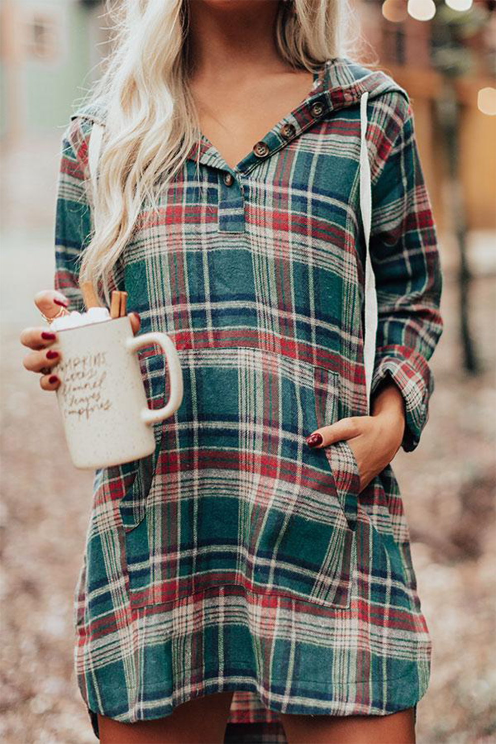 $8.98 Green Plaid Button Hooded Flannel Mini Dress Wholesale