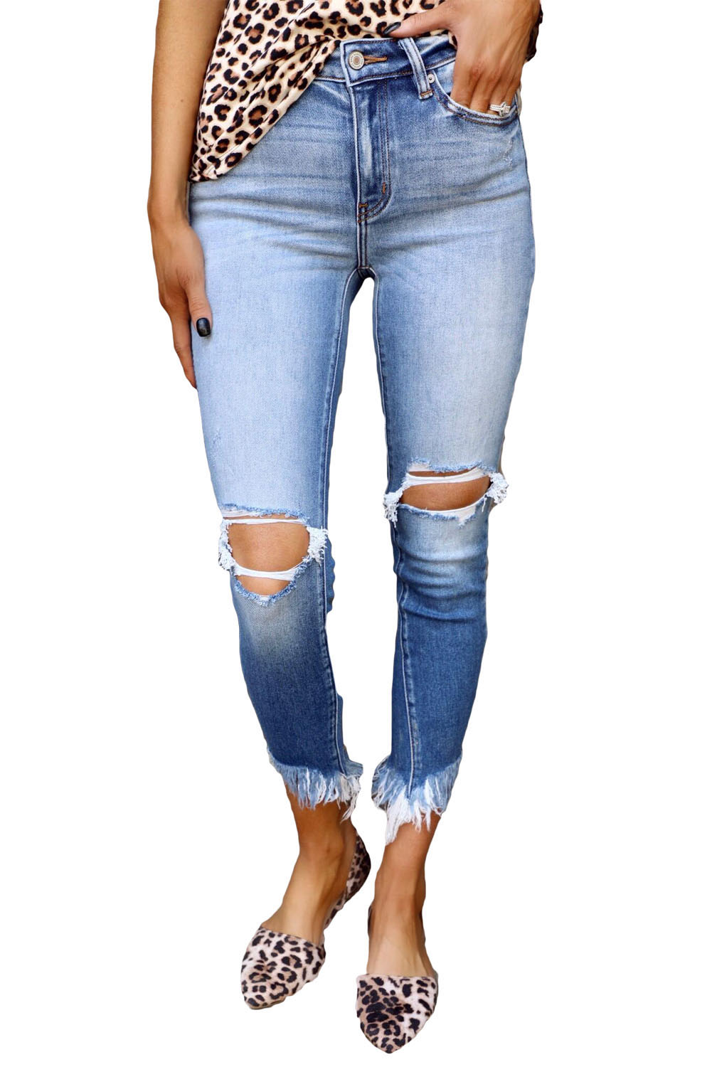$9.9 Light Blue Cut-out Distressed Hemline Jeans Wholesale