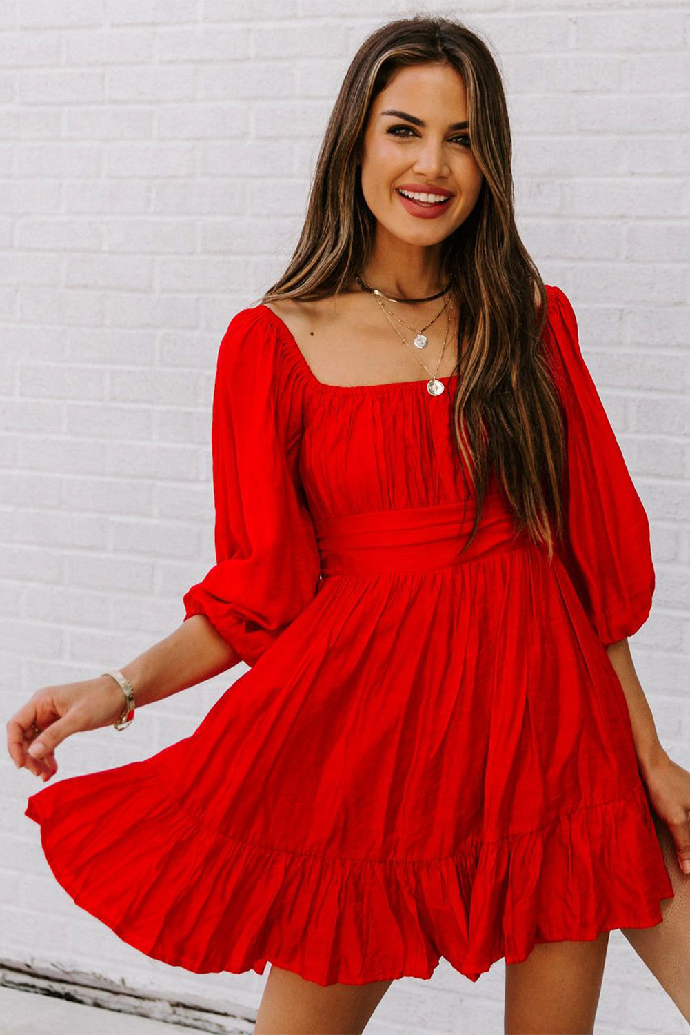 $7.98 Fiery Red Square Neck Puff Sleeve Gathered Mini Dress Wholesale